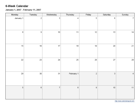 Printable 6 Week Calendar CalendarsQuick