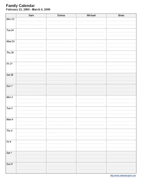Printable 2-Week Family Calendar - CalendarsQuick